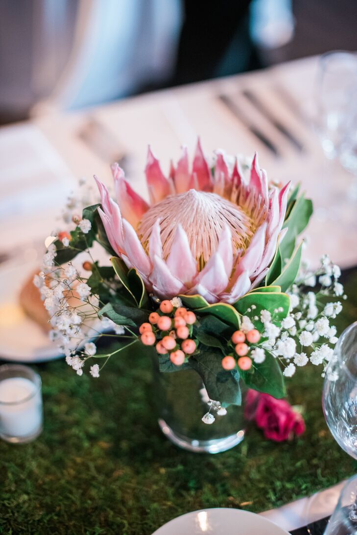 Protea, Baby's Breath and Hypericum Centerpiece