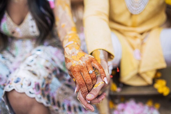 Groom and Bride With Tumeric Haldi, Henna and Solitaire Engagement Ring