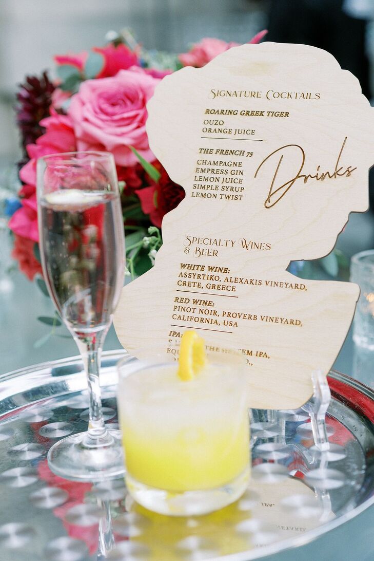 Signature Cocktail Menu With Mixed Drinks at Greek-Inspired Wedding