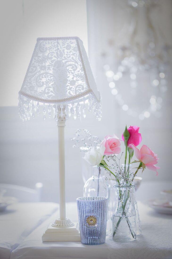 White Lamp with Pink and White Roses