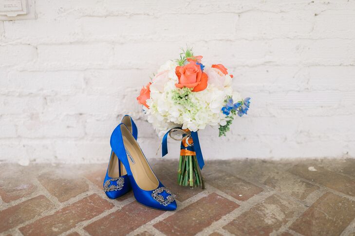 Blue Mano Blahnik Wedding Shoes and Bouquet
