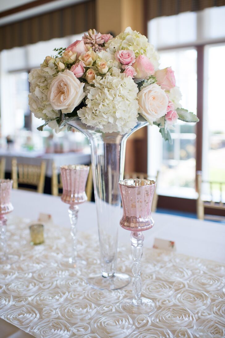 Tall Glass Vases with Spring Bouquets of Roses and Hydrangeas and Pink ...