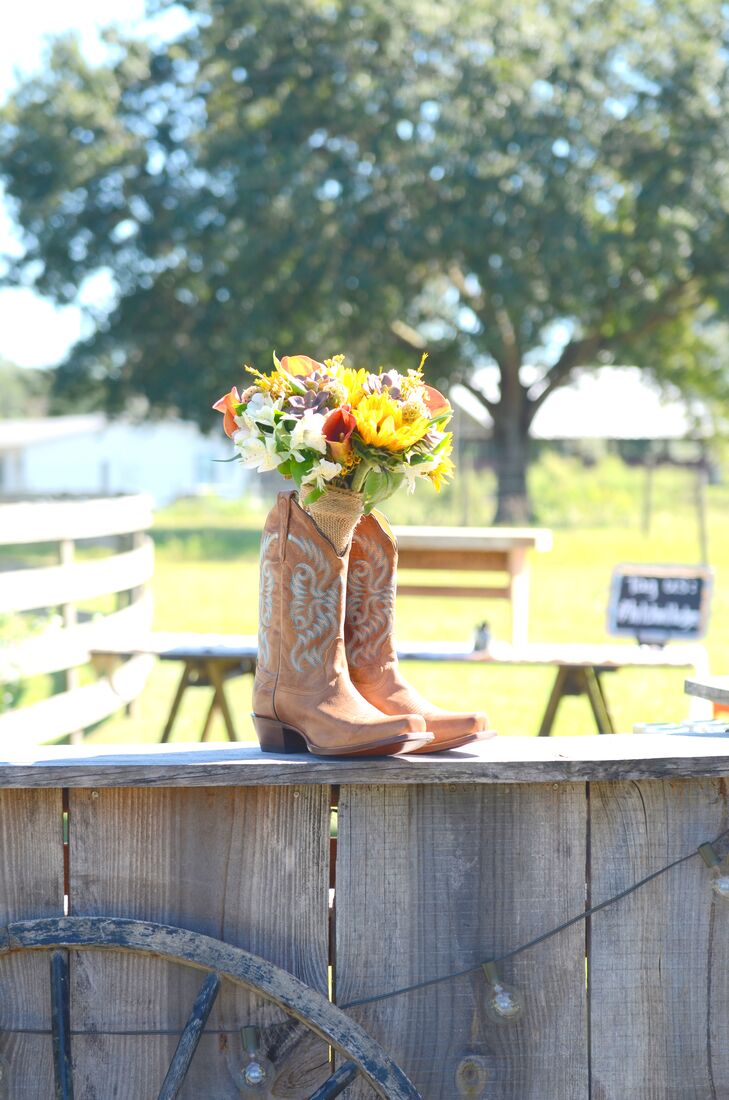 Cowboy Boots and Colorful Mixed-Flower Bouquet