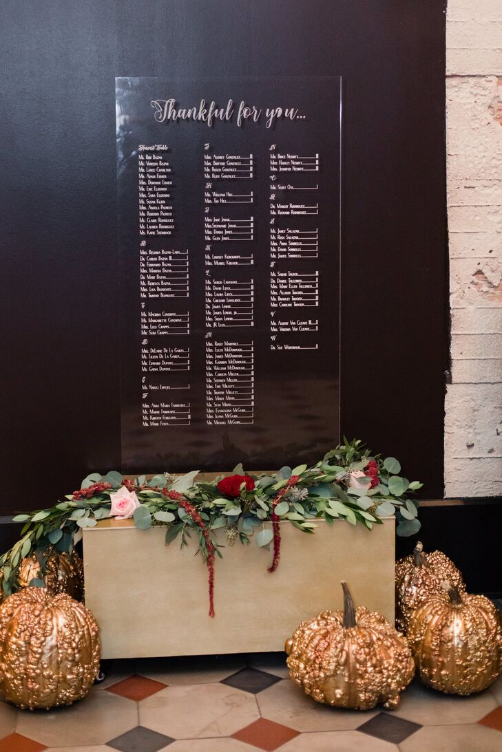 Thanksgiving-Themed Seating Chart Surrounded by Gold Pumpkins