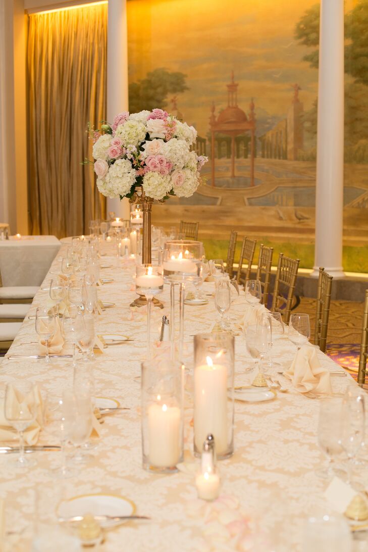 Ivory and Champagne Reception Table With Decor