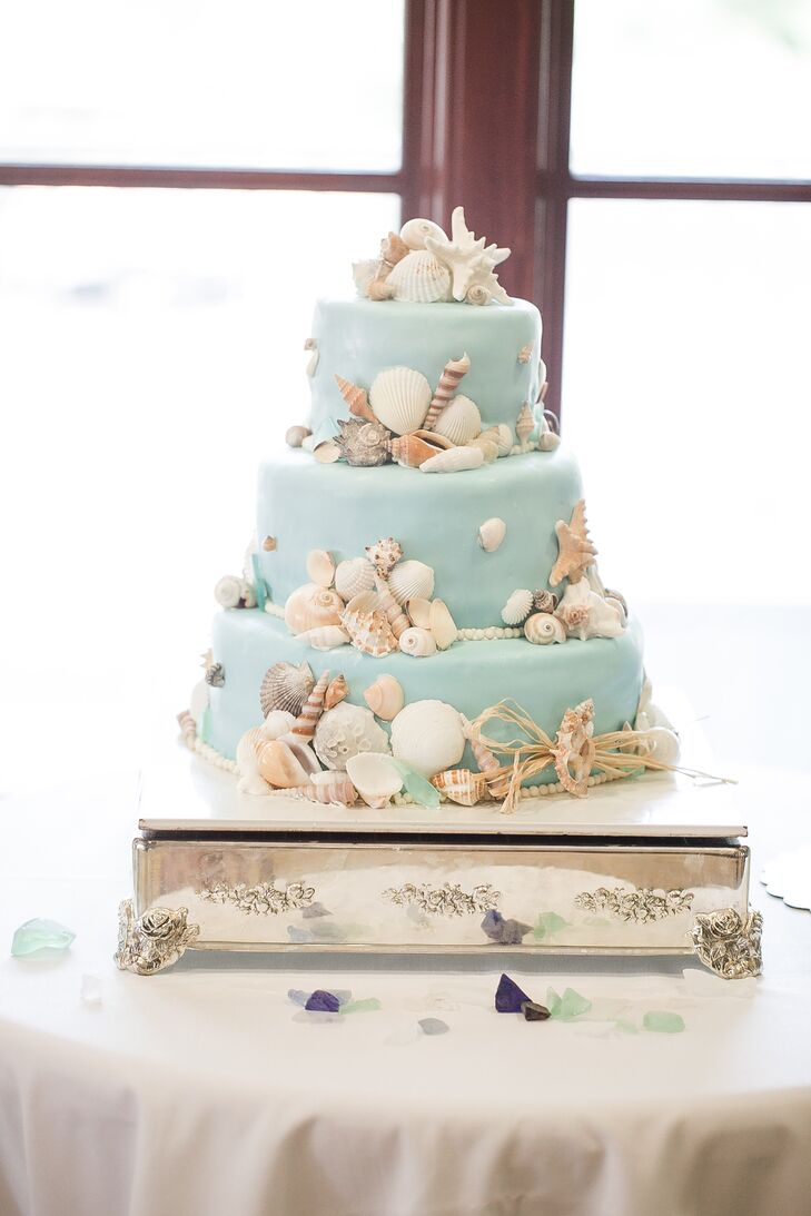 Pale Blue Wedding Cake with Seashell Details