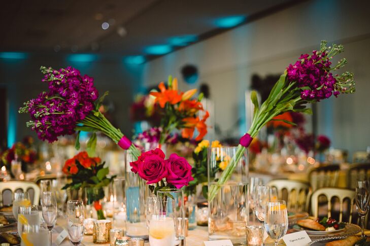 Simple Bright Rose and Stock Centerpieces