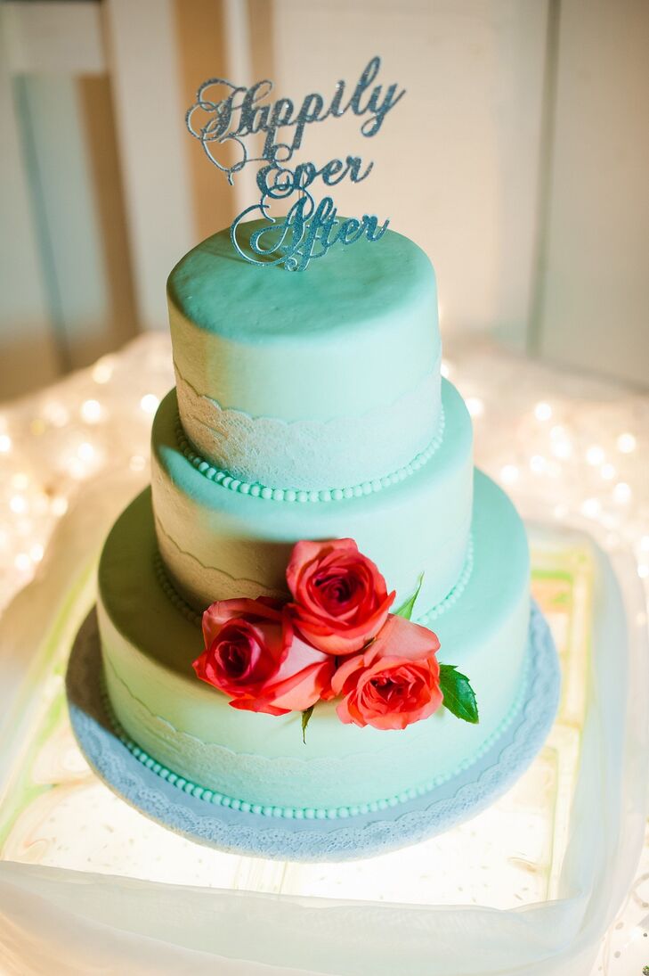 Turquoise Cake with Coral Rose Accent