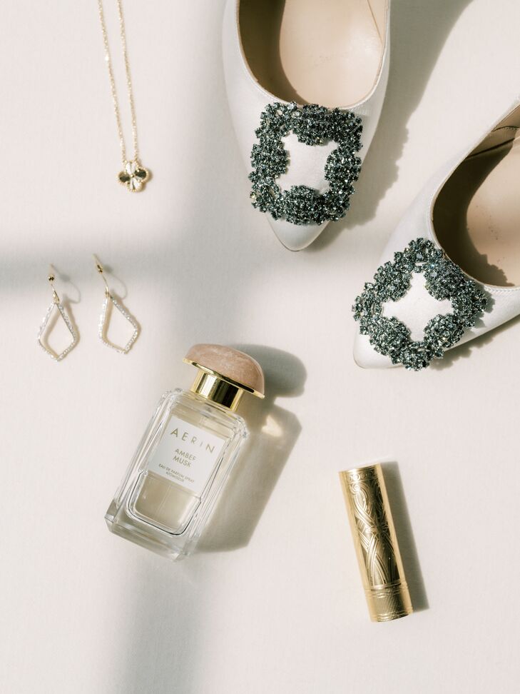 Aerin Perfume, Kendra Scott Earrings and Manolo Blahnik Ivory Wedding Heels