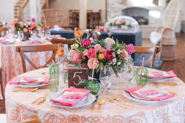 Patterned Table Cloth and Pink Rose Centerpiece