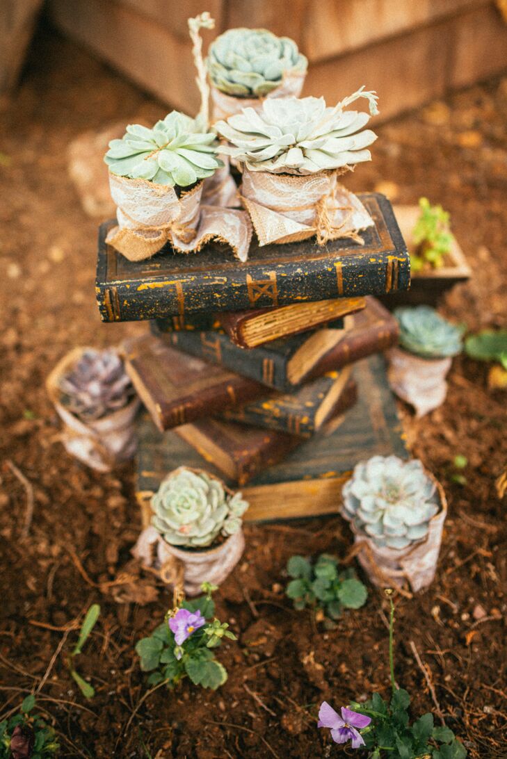 Vintage Books and Burlap-Wrapped Succulent Decor
