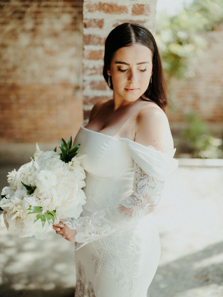 Bride in Soft, Off-the-Shoulder Gown With Lace Detailing and White ...