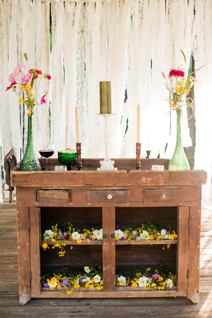 Wooden Altar With Candles and Flowers