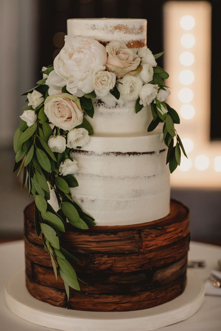 Rustic Naked Cake with Leaves and Layer of Wood-Painted Frosting
