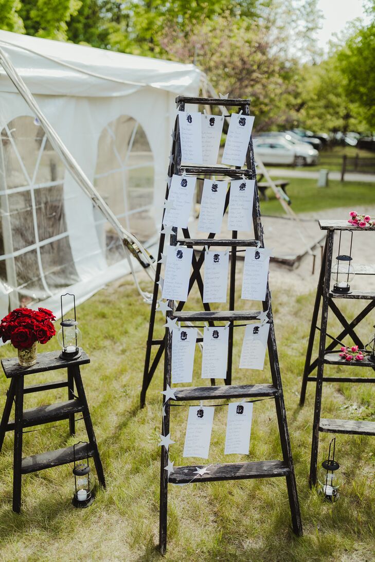 Seating Chart and Décor Displayed on Rustic Ladder