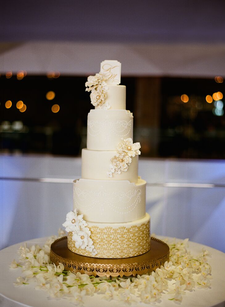 Modern Ivory Wedding Cake with Fondant Flowers and Piping