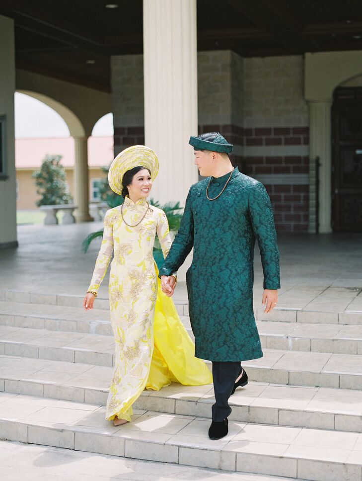 Bride in Yellow Ao Dai and Groom in Green Ao Gam for Vietnamese Wedding