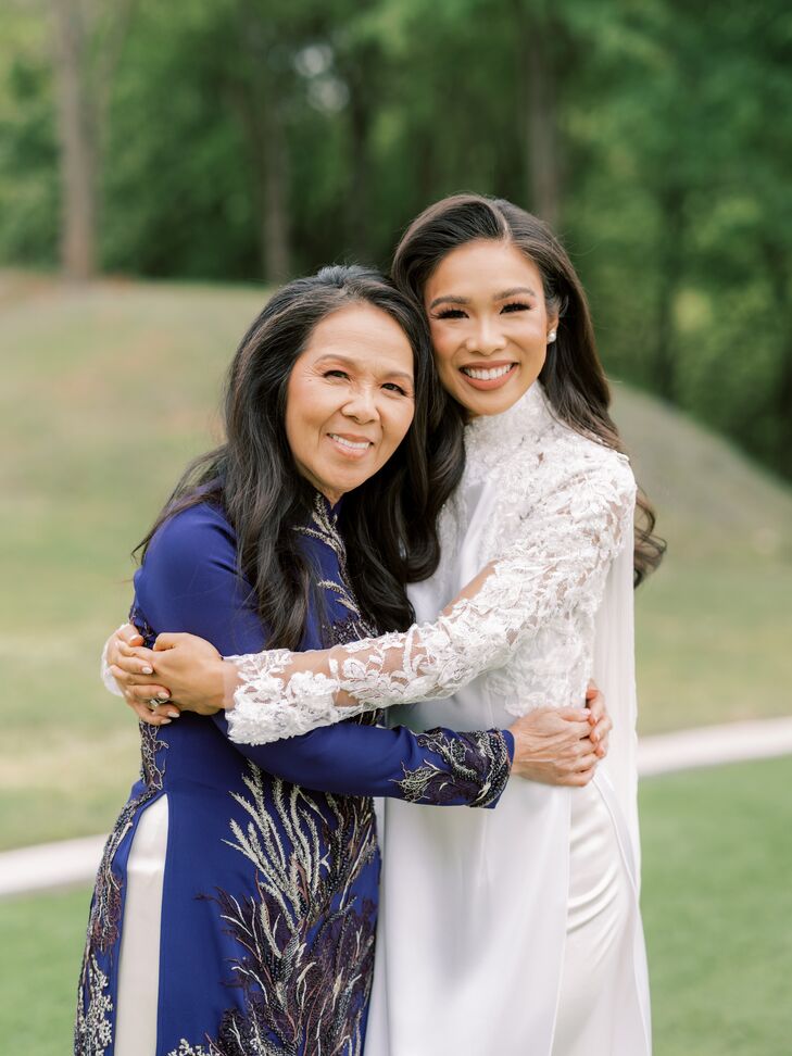 Bride and Mother of the Bride in Ao Dai Outfits for Vietnamese Wedding