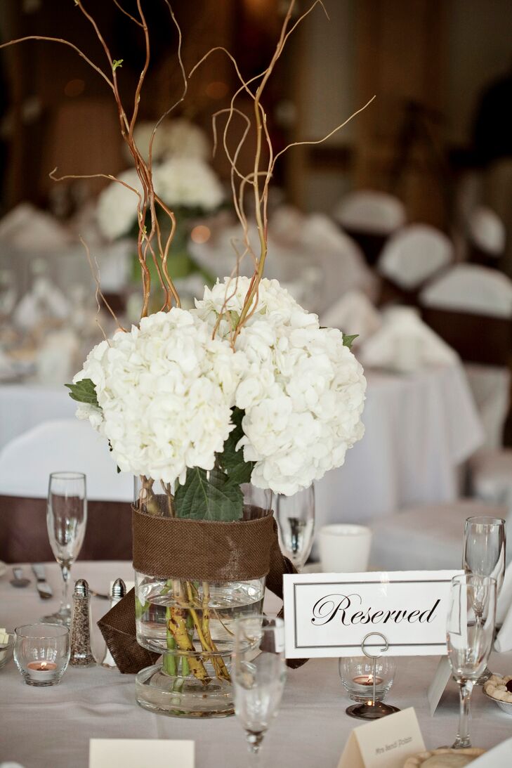 Brown and White Hydrangea and Branch Centerpieces