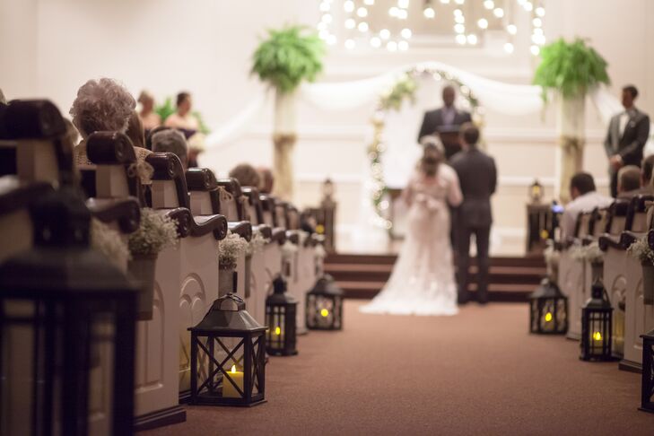 Lantern Aisle Decorations at the Ceremony at Dripping Spring Baptist Church