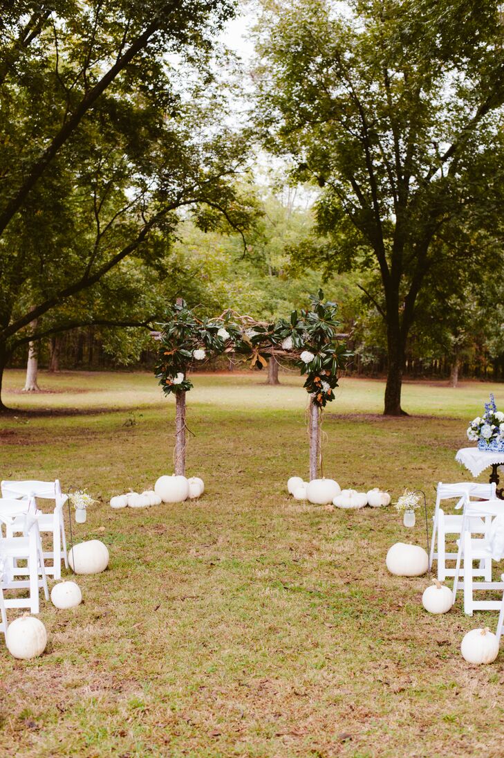 Seasonal White Pumpkin Outdoor Fall Ceremony Aisle Decor