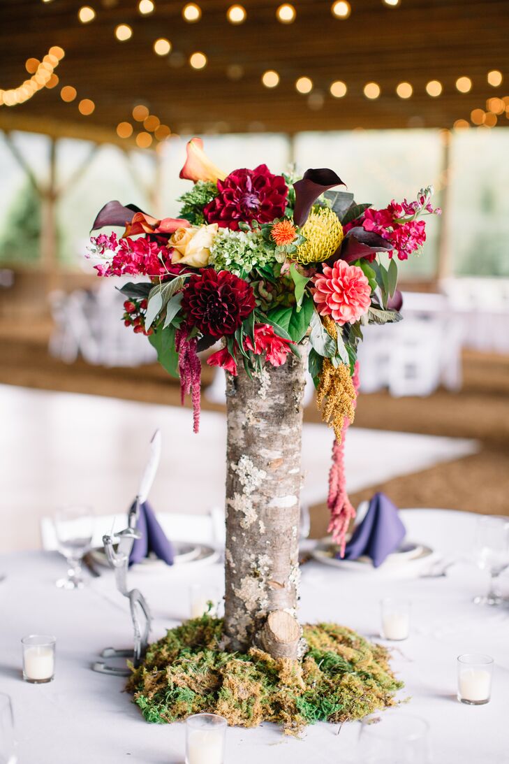 Rustic Wood Log Centerpiece with Green Moss