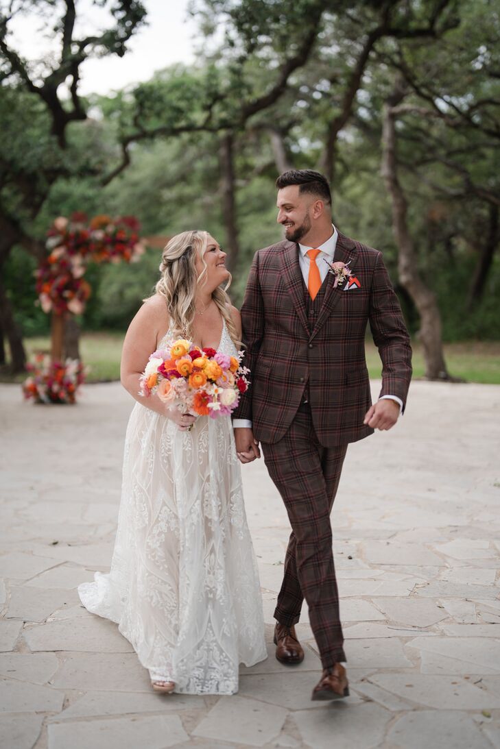Bride With Bouquet of Orange, Pink and Red, Groom in Brown Plaid Suit ...